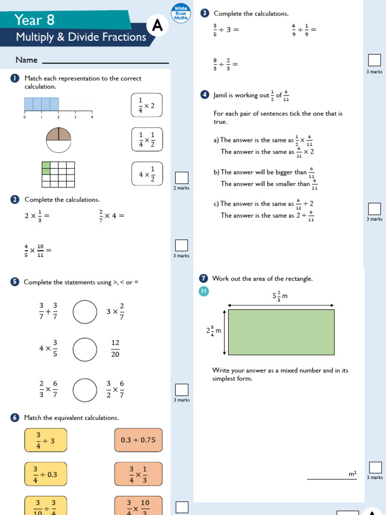 Year 8 Autumn 3 Multiplying and Dividing Fractions Mini Assessment A ...