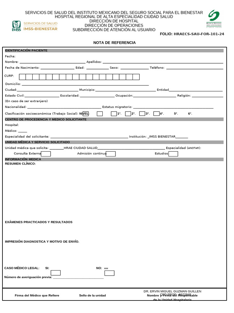 Hoja de Contrarreferencia IMSS Bienestar | PDF | Hospital | Cuidado de ...