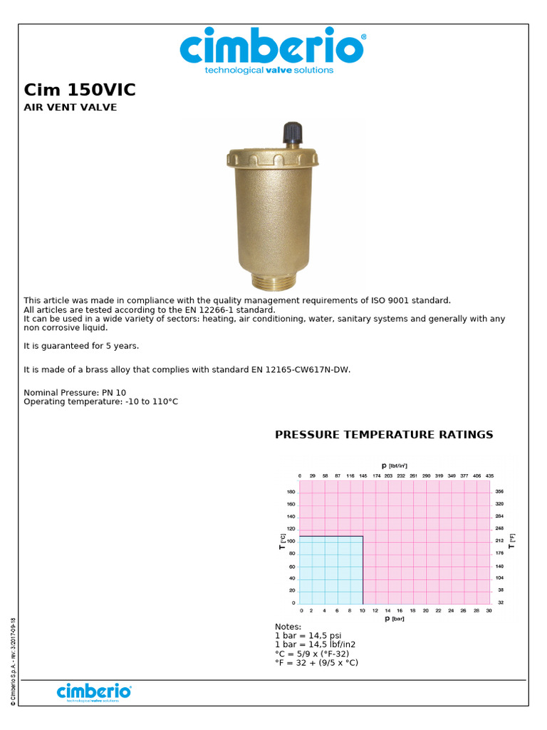 Cimberio Air Vent Valve Specifications | PDF