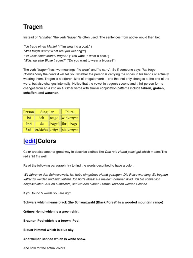 German verbs tragen and fahren conjugation chart | PDF | Sweater | Syntax