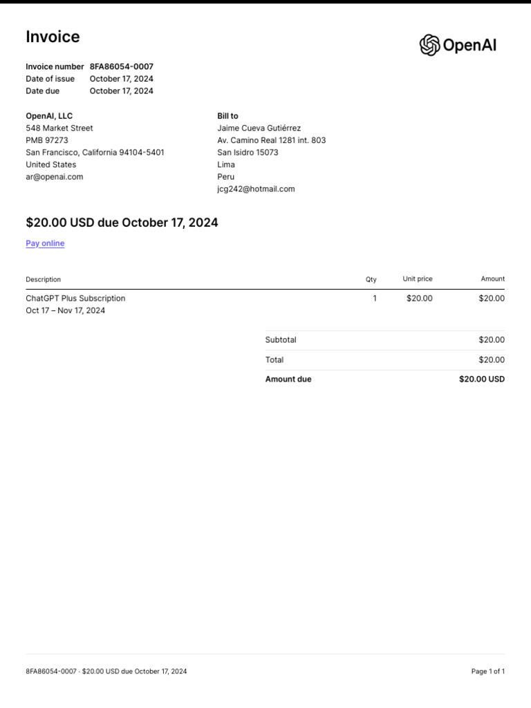 ChatGPT Plus Subscription Invoice | PDF