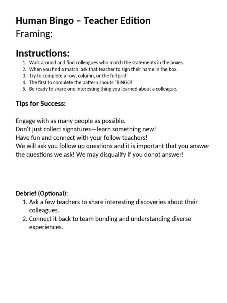 Ice Breaker-Human Bingo-Teacher Edition | PDF