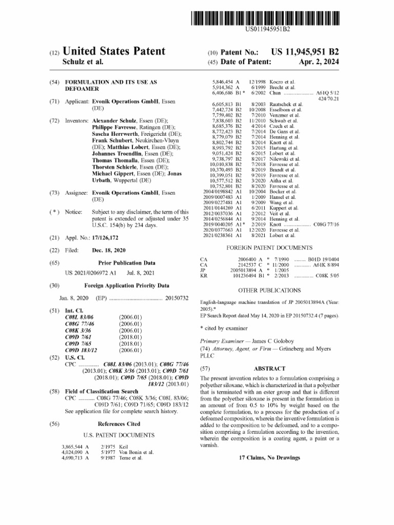 Us11945951 - Formulation and Its Use as Defoamer | PDF