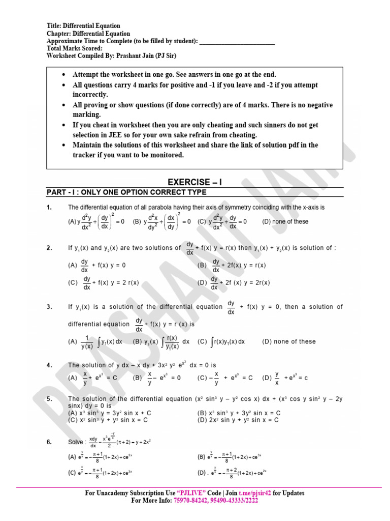 Differential Equations Worksheet and Solutions | PDF | Tangent | Geometry
