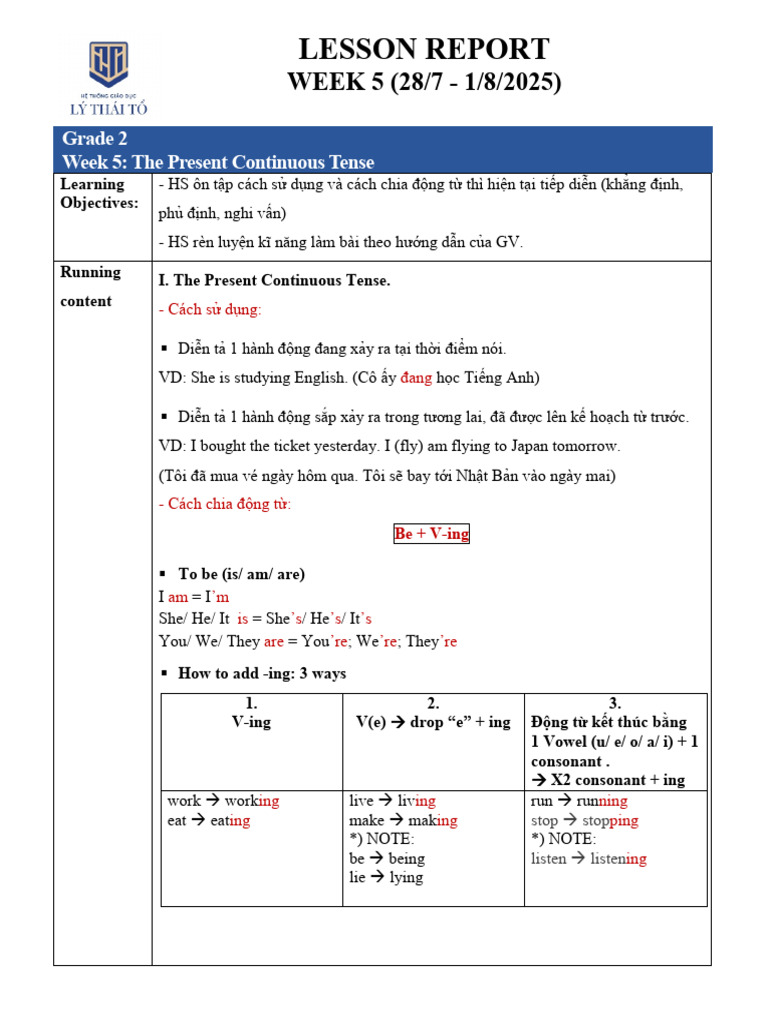 G2 Week 5 LESSON REPORT Present Continuous | PDF