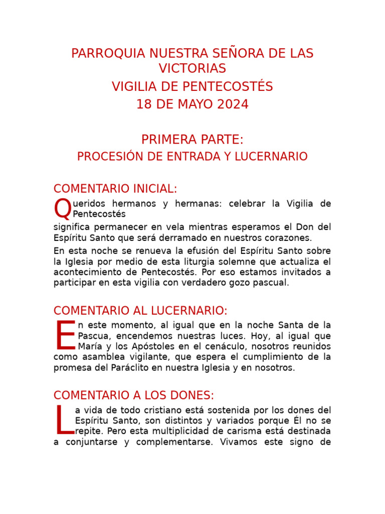 Vigilia Pentecostés Comentarios | PDF | Pentecostés | eucaristía
