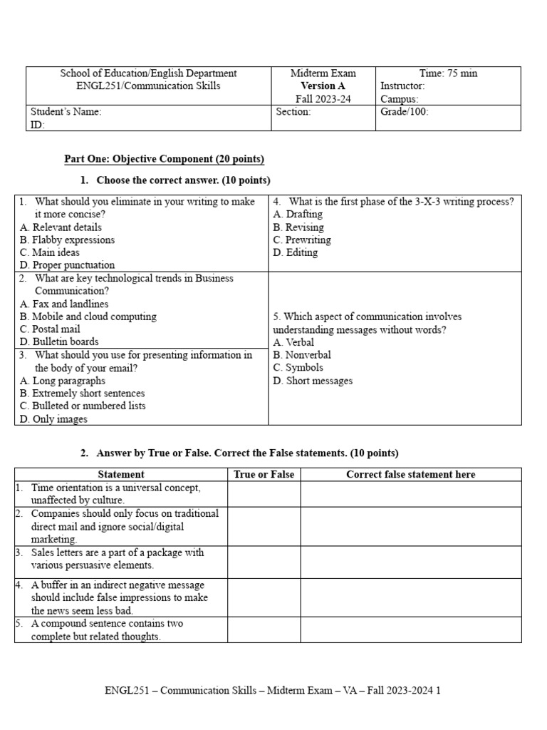 ENGL251 - Fall 2023-2024 Midterm VA | PDF | Communication | Human ...