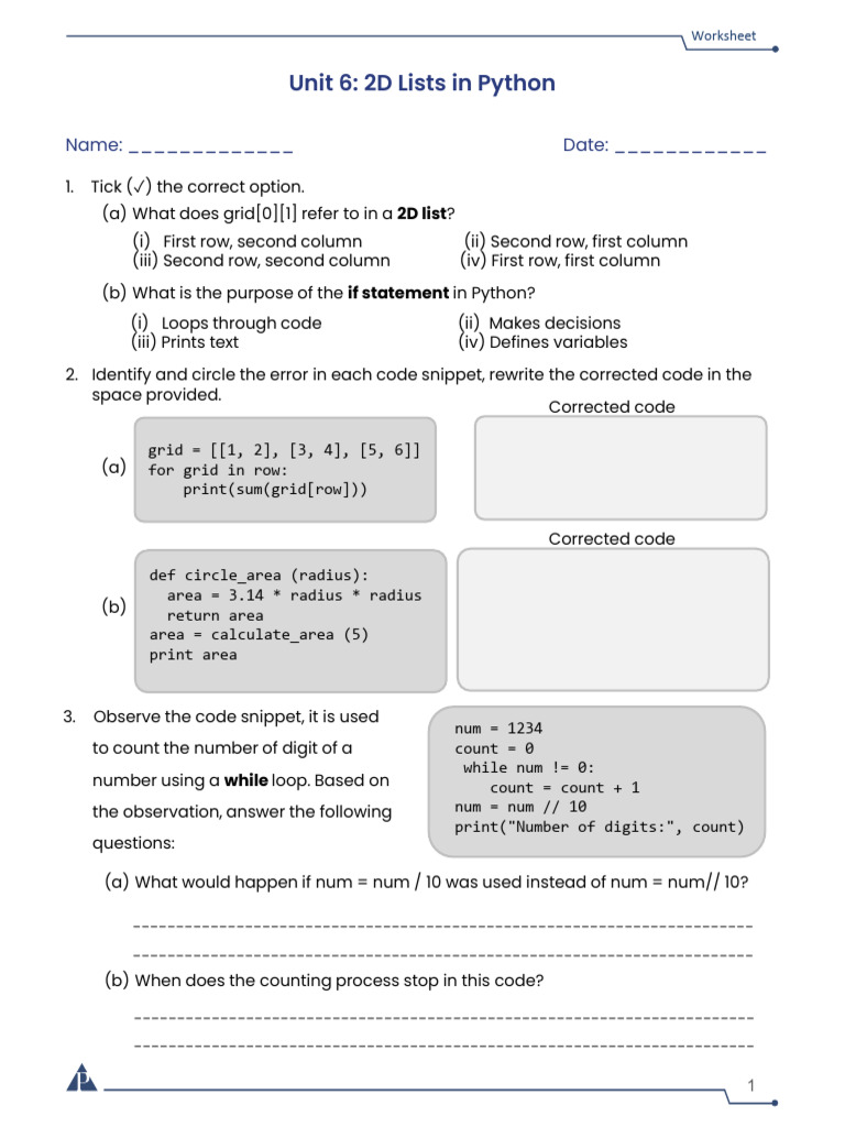 Python 2D Lists Error Correction Worksheet | PDF