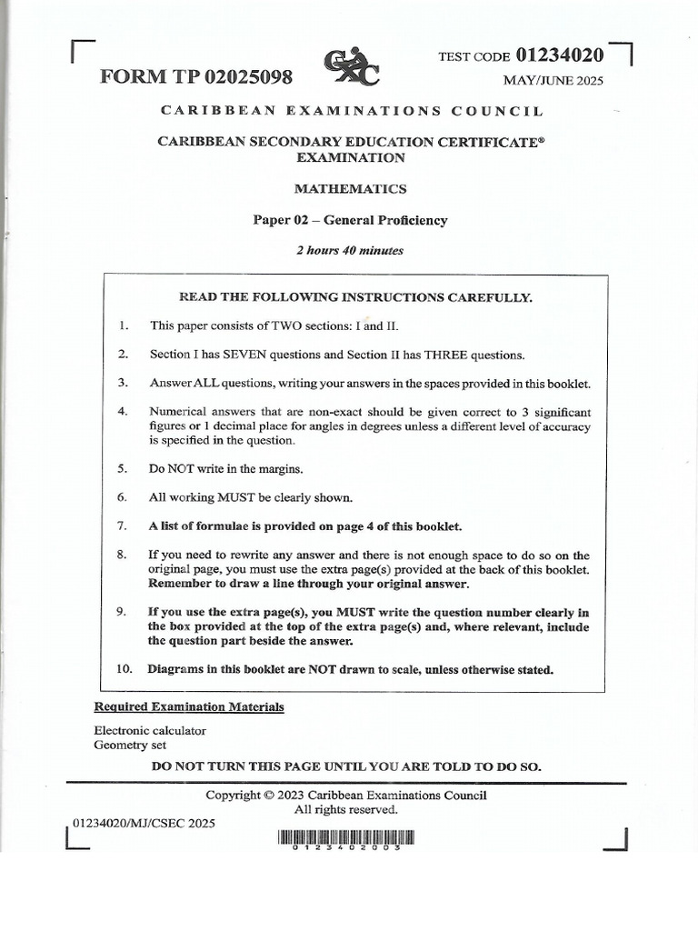 CSEC Mathematics 2025 | PDF