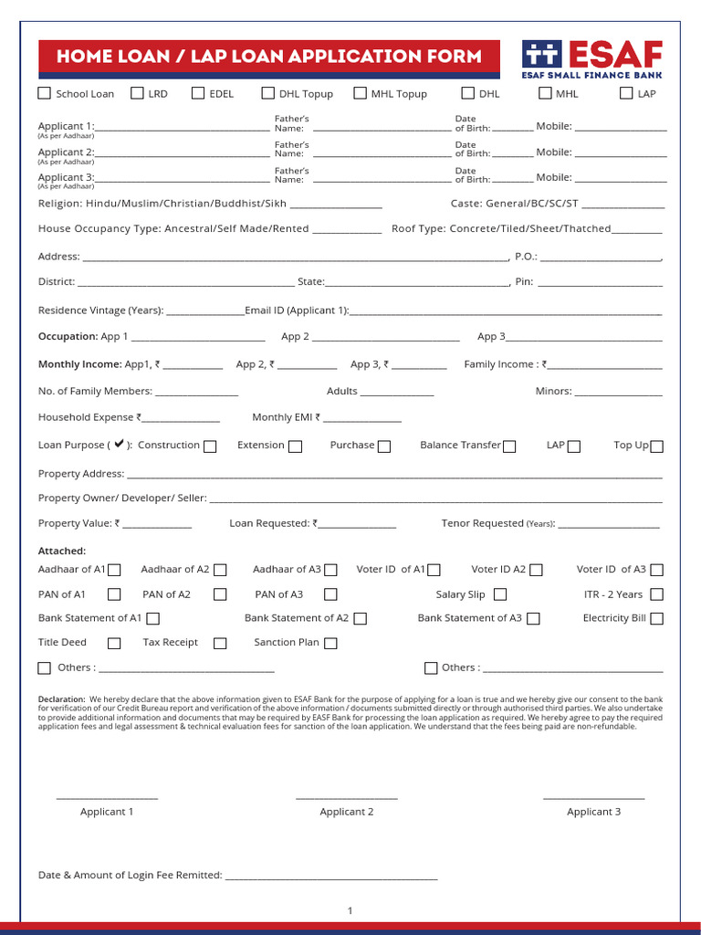 Home Loan Lap Form Feb Edit ESFBP 252 19 2 25 | PDF | Loans | Banks