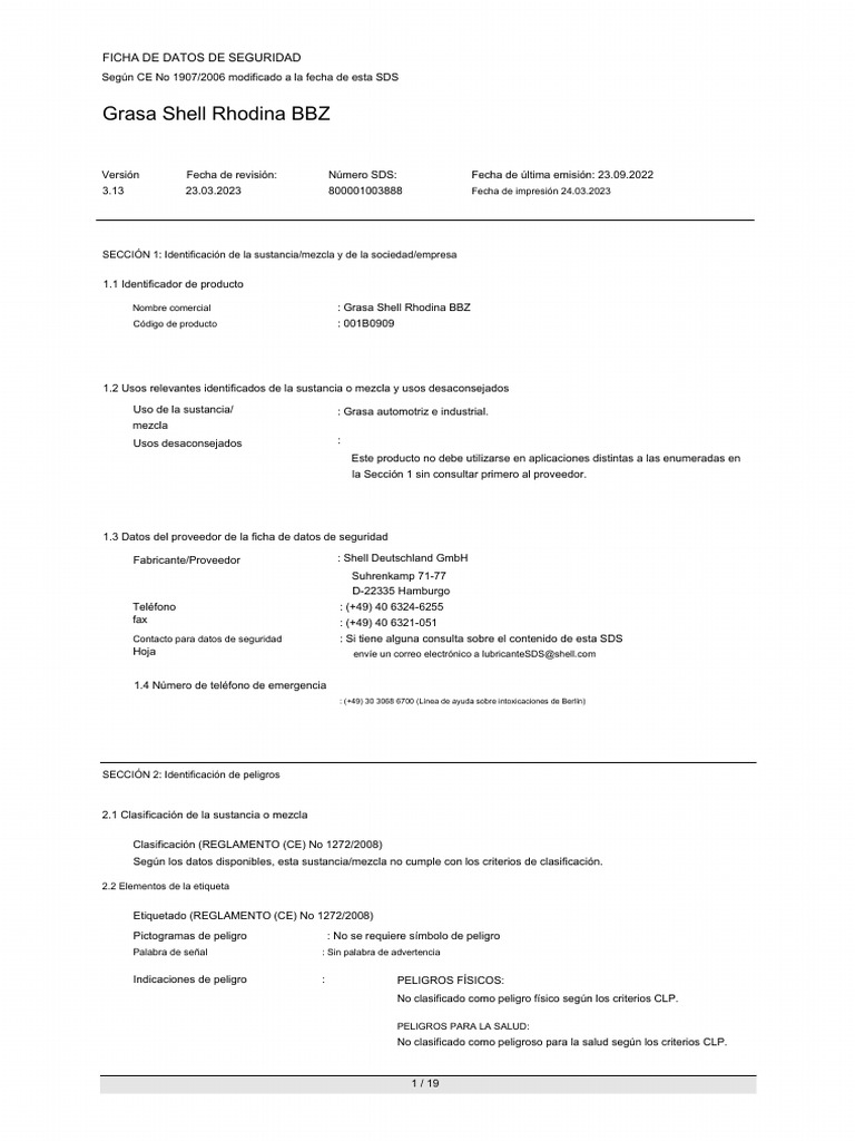 Ficha de Seguridad Grasa Shell Rhodina BBZ | PDF | Ozono | Química