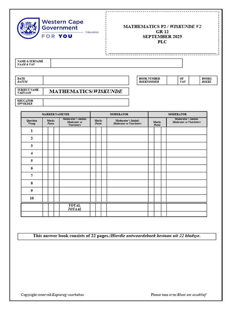 Grade 12 Mathematics P2 Answer Book | PDF | Mathematics