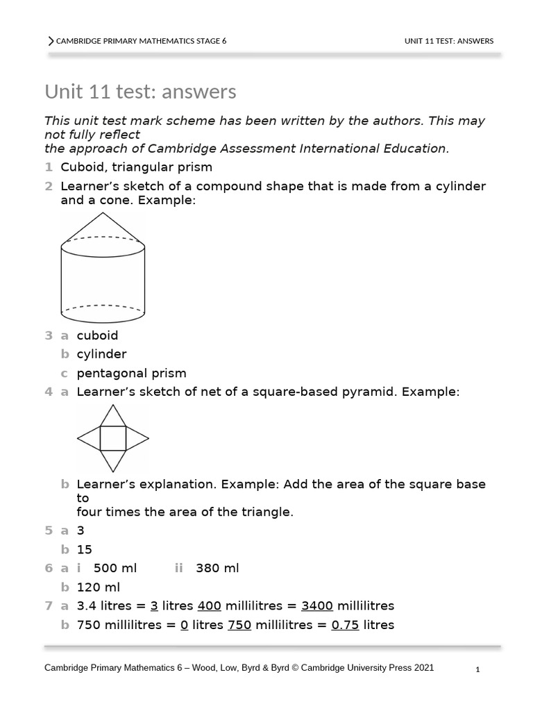 Cambridge Primary Math Stage 6 Unit 11 Answers | PDF