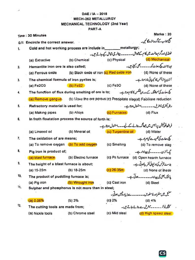 Metallurgy Important MCQs | PDF