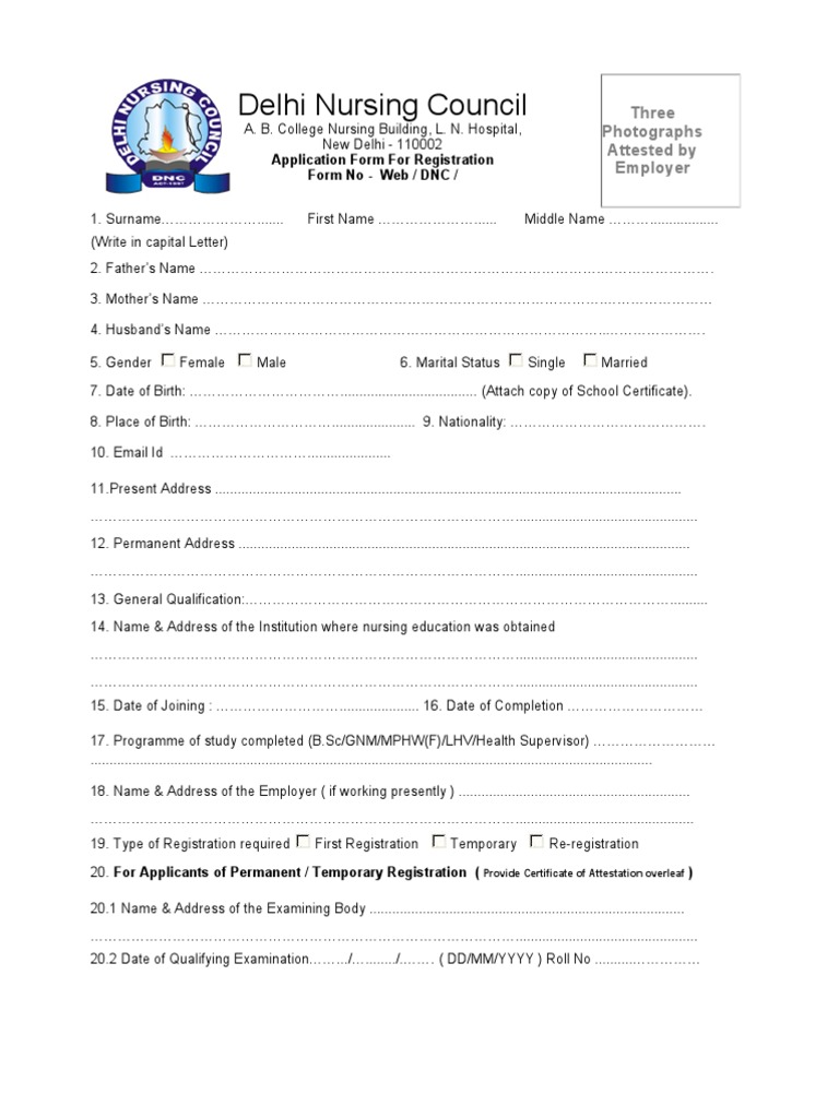 Delhi Nursing Council Registration Form | PDF