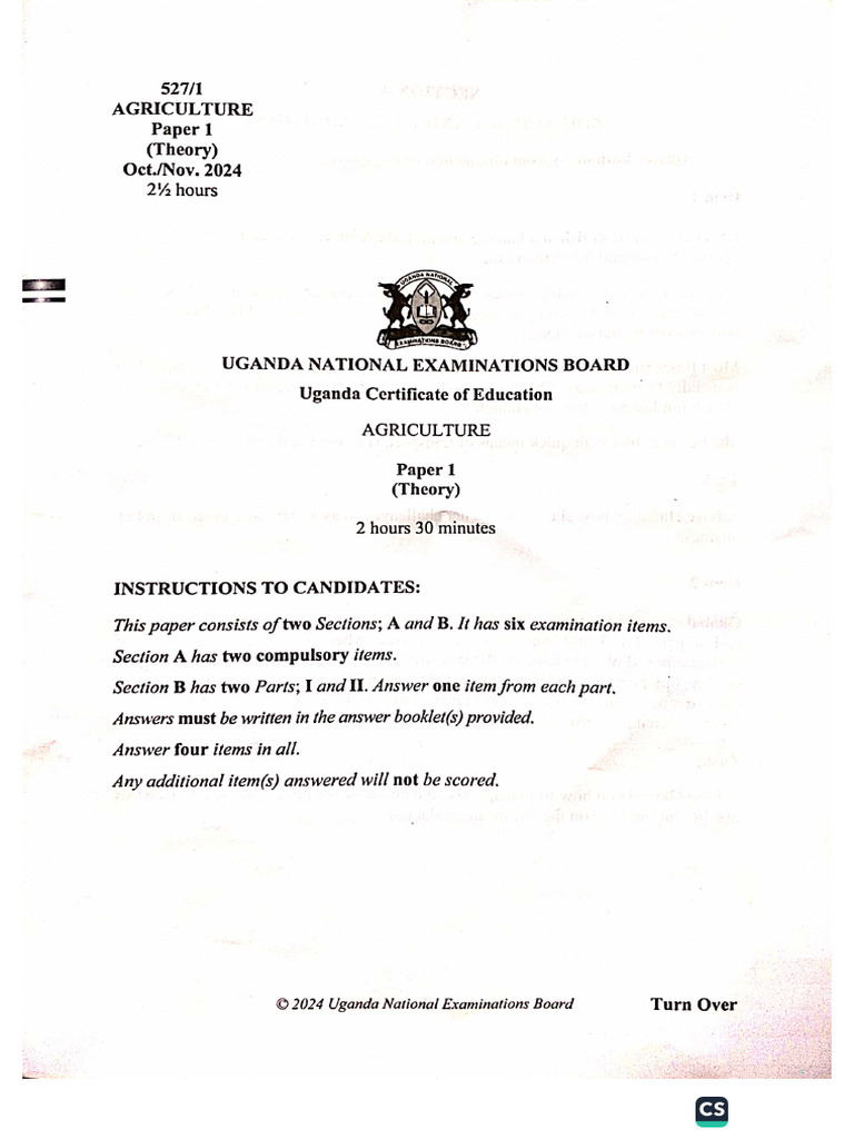 Agriculture UNEB UCE Paper One 2024 | PDF