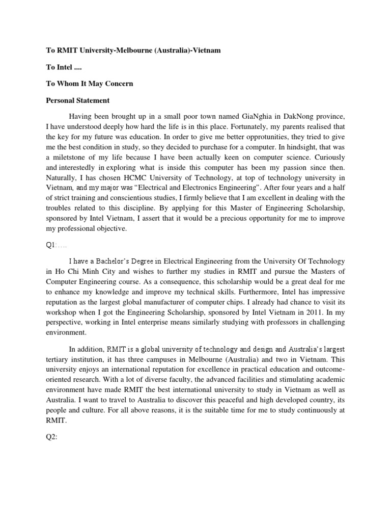 Personal Statement | Engineering | Institute Of Technology