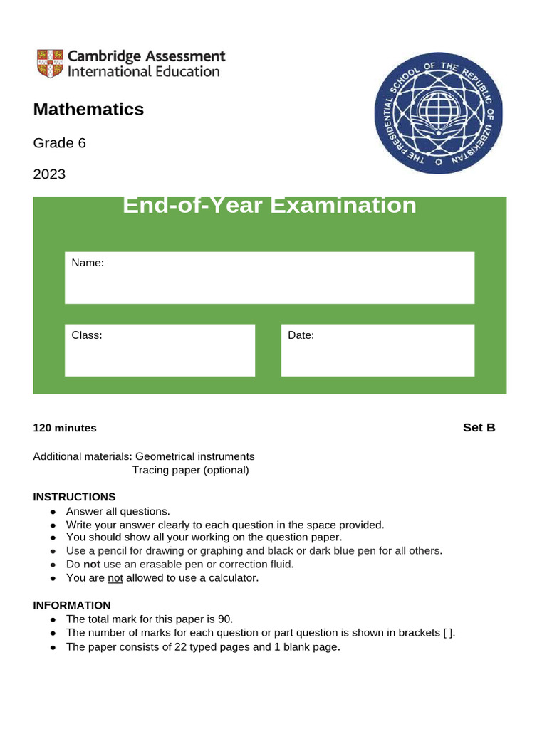 EOY Math 6 Set B | PDF | Length | Area
