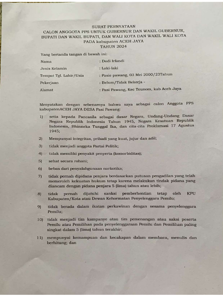 Surat Pernyataan PPS | PDF