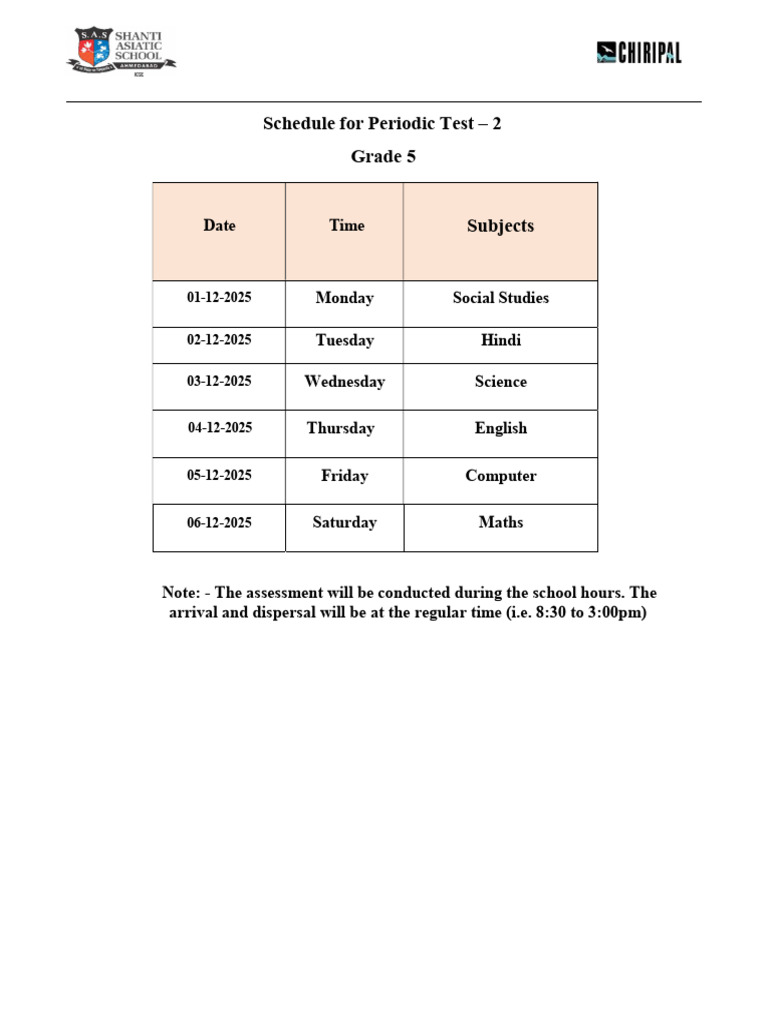 Schedule For Periodic Test - 2 Grade 5 | PDF