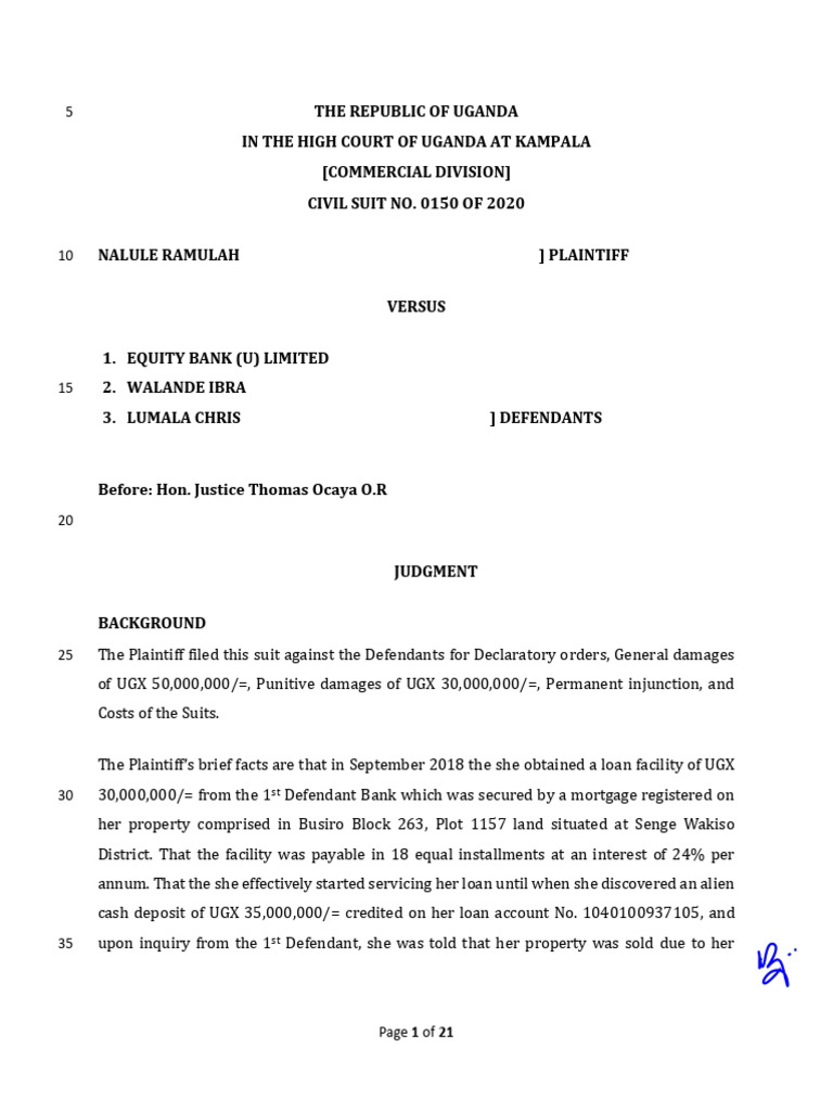 Nalule Vs Equity Bank & Ors HCT-00-CC-CS-0150-2020 | PDF | Damages ...