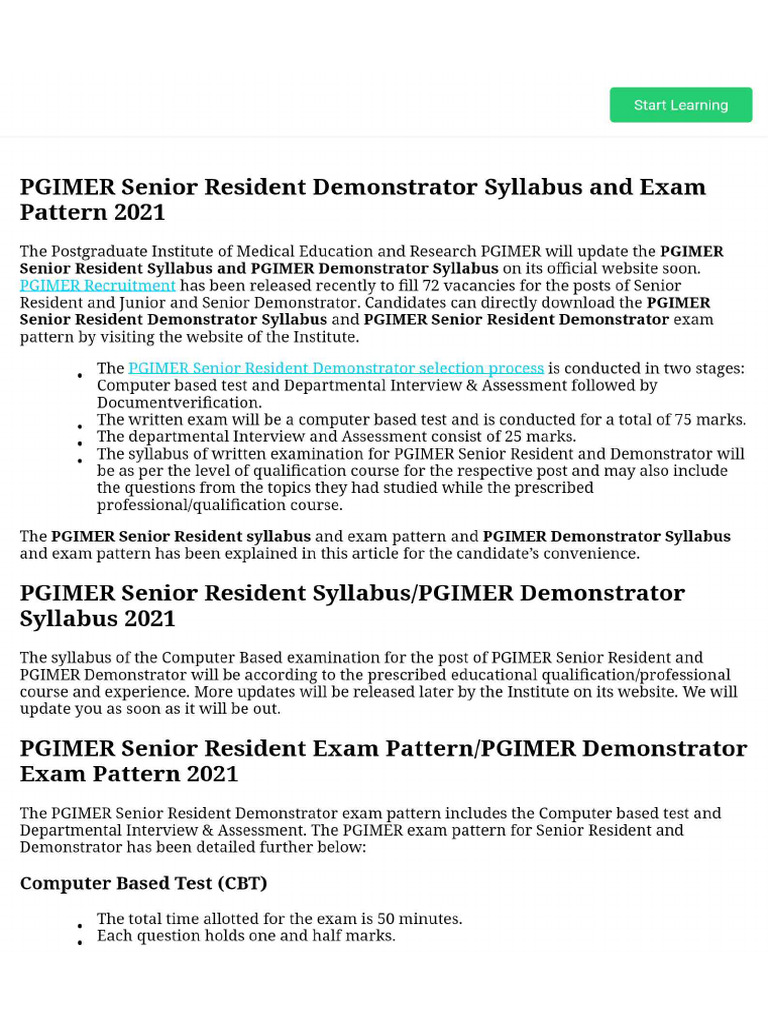 PGIMER Senior Resident Demonstrator Syllabus and Exam Pattern 2021 | PDF