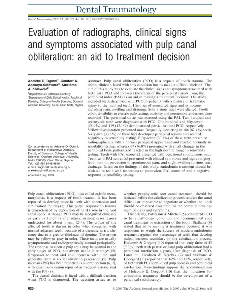 Pulp Canal Obliteration: Diagnosis & Treatment | PDF | Clinical ...