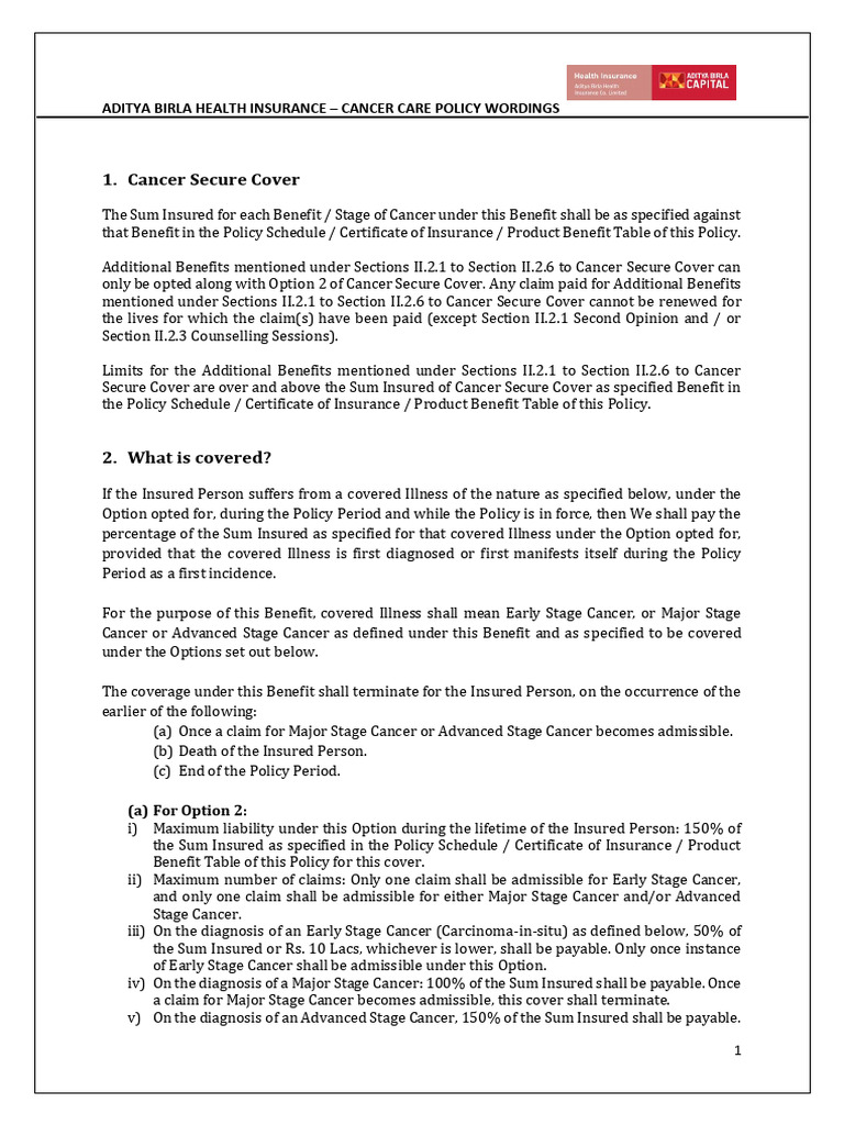 Cancer Secure Cover Policy Wordings | PDF | Metastasis | Carcinoma