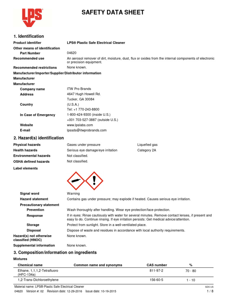 LPS Plastic Safe Electrical Cleaner SDS | PDF | Occupational Safety And ...