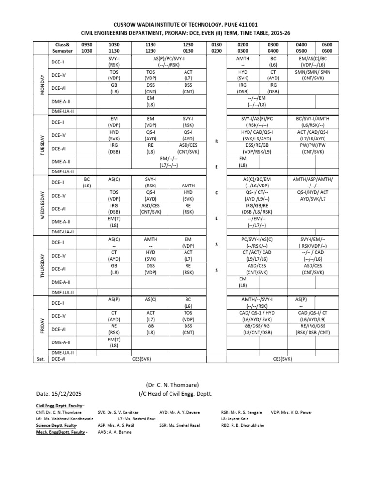 Tentative Time Table Even Term 25-26 | PDF