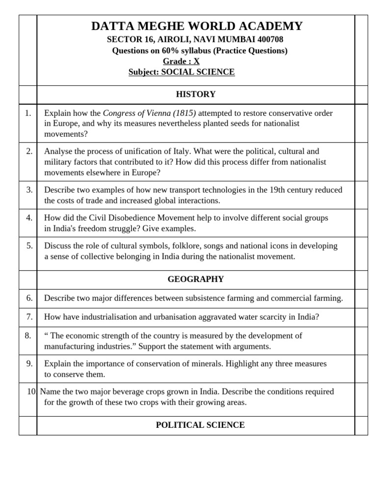 Grade X Social Science Practice Questions | PDF | Economies | Economy ...