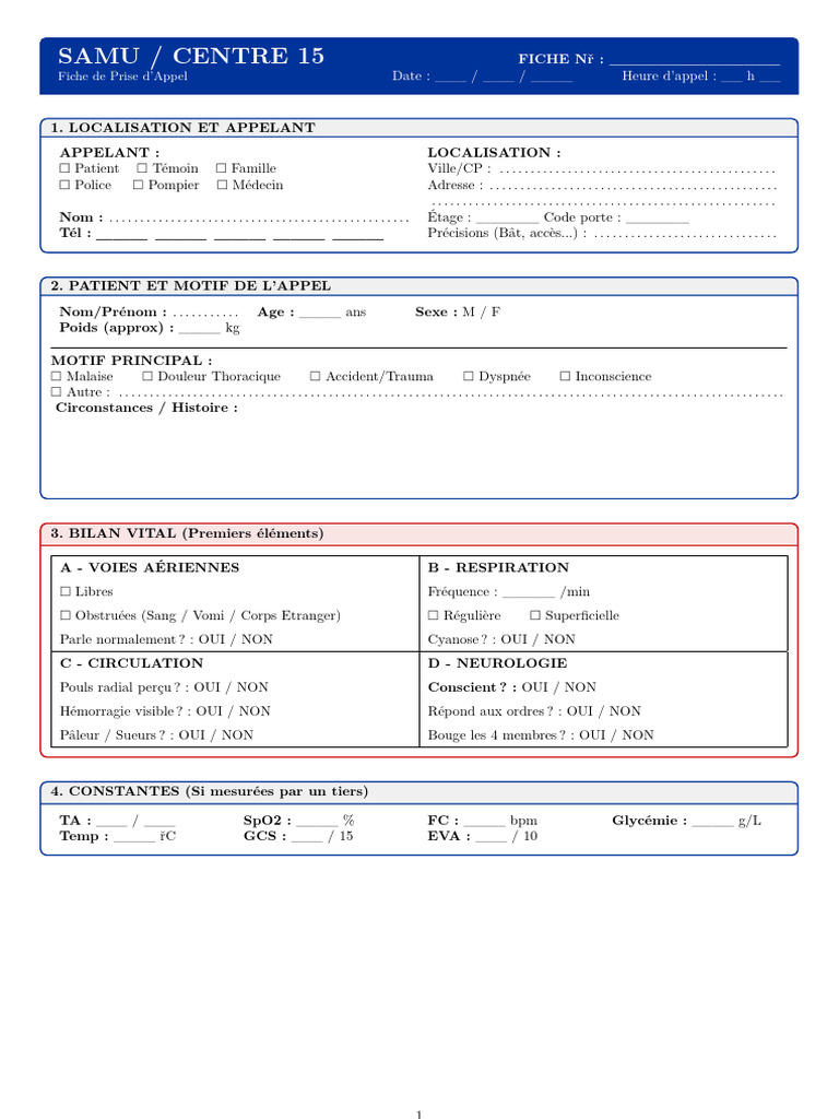 Fiche de Prise d'Appel SAMU 15 | PDF | Urgences médicales | Maladies et ...