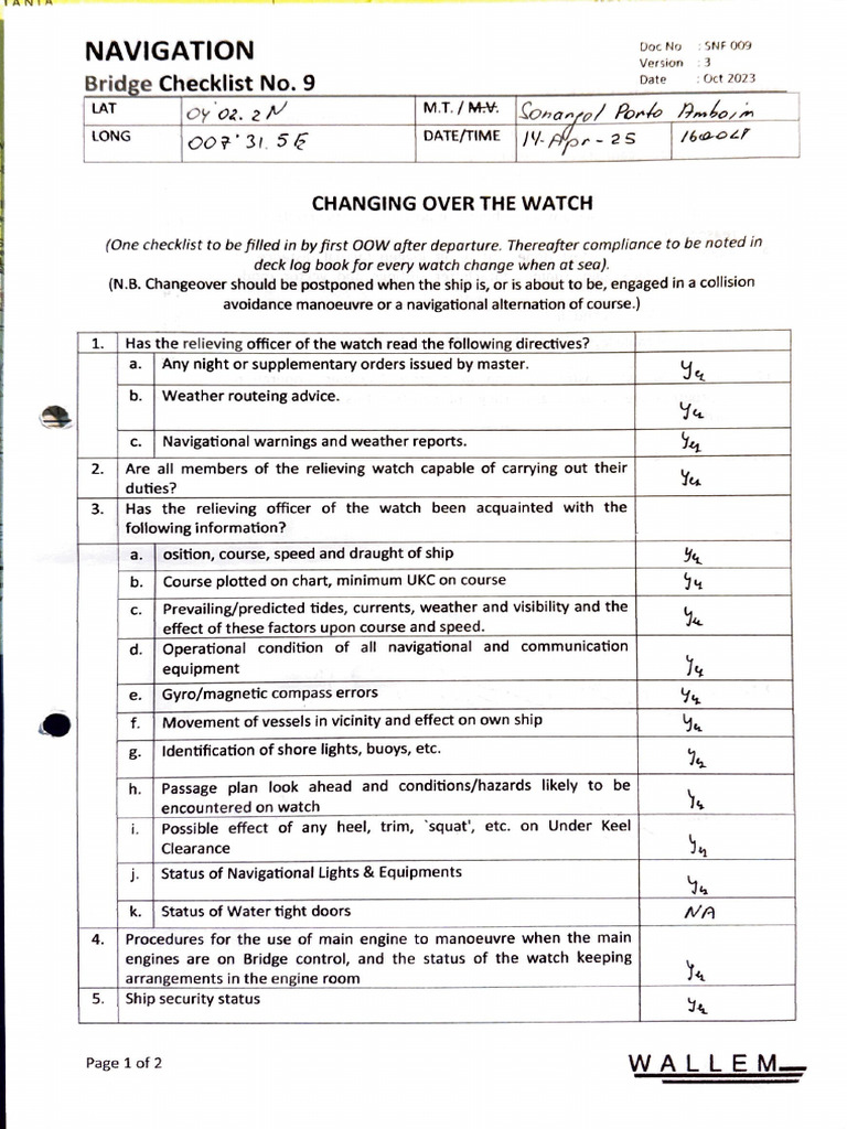 Bridge Watch Change Checklist 2023 | PDF | Shipping | Ships