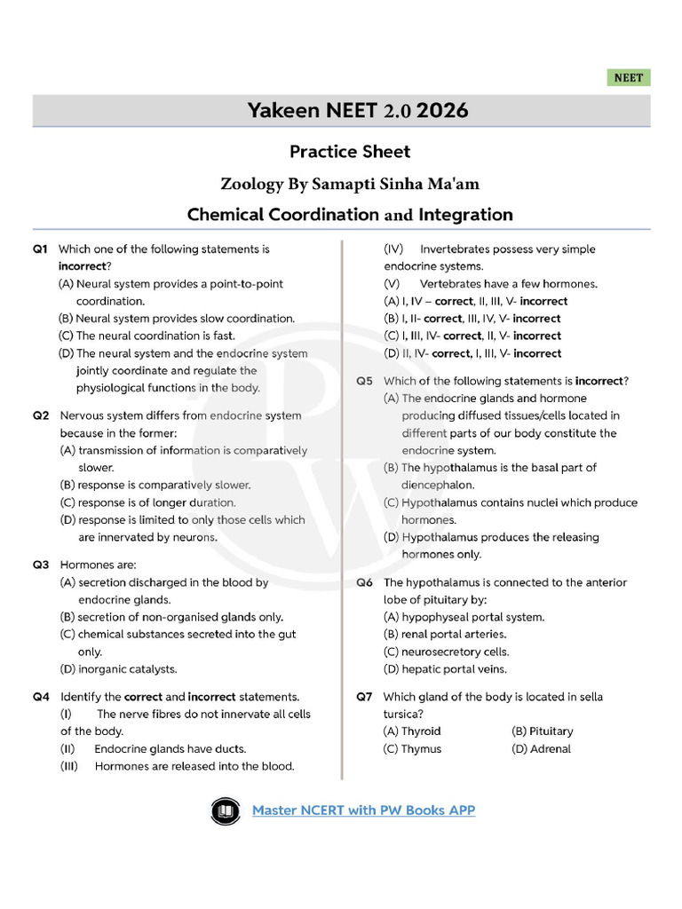 Chemical Coordination and Integration Practice Sheet Zoolo | PDF