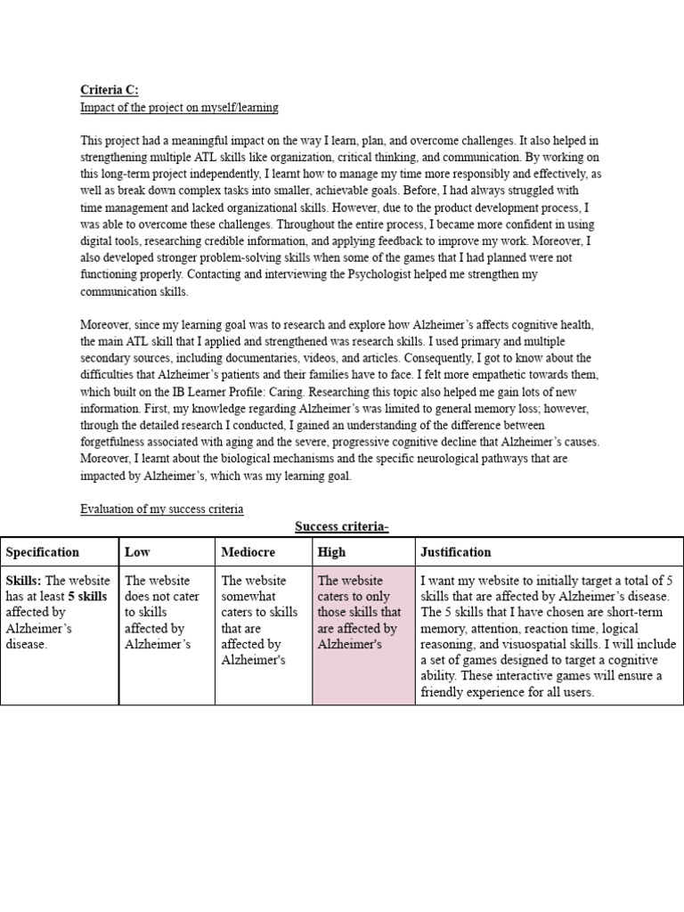Personal Project Criteria C (First Draft) | PDF | Alzheimer's Disease ...