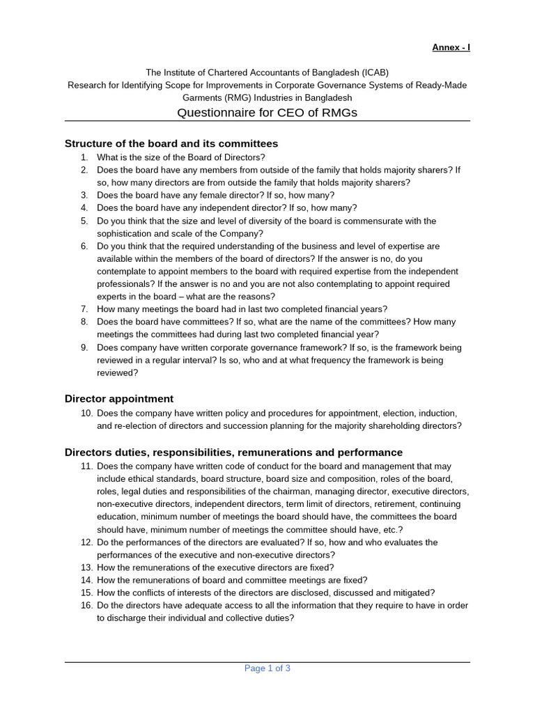 CG Questionnaire | PDF | Internal Control | Audit