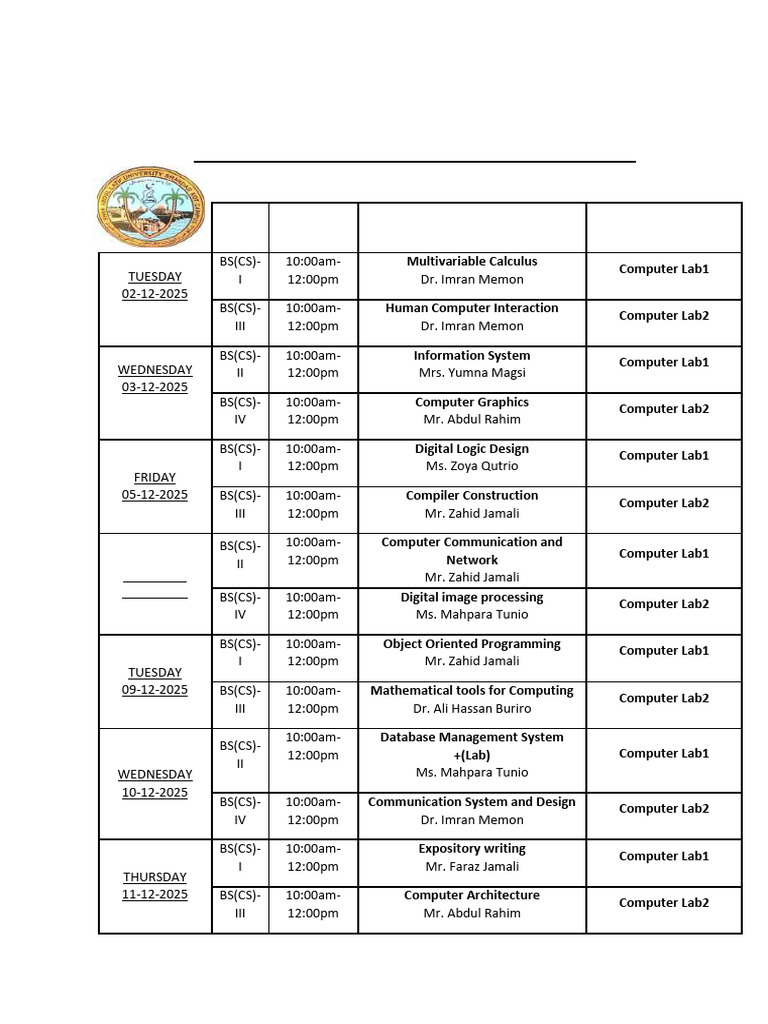 Fall 2025 CS Final Exam Timetable | PDF | Mathematics | Computing