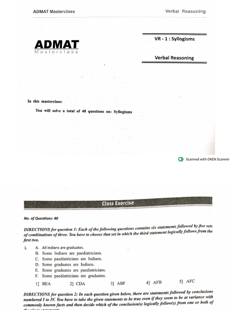 ADMAT VR-1 Syllogism Class Exercise | PDF