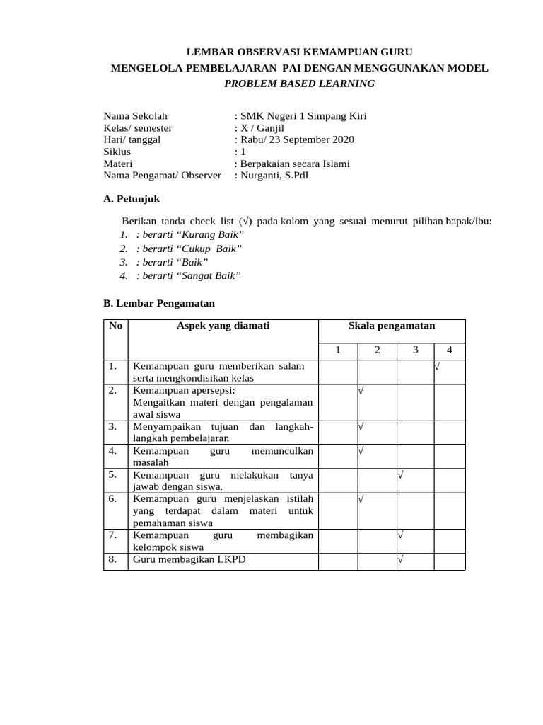 Observasi Pembelajaran PAI PBL | PDF