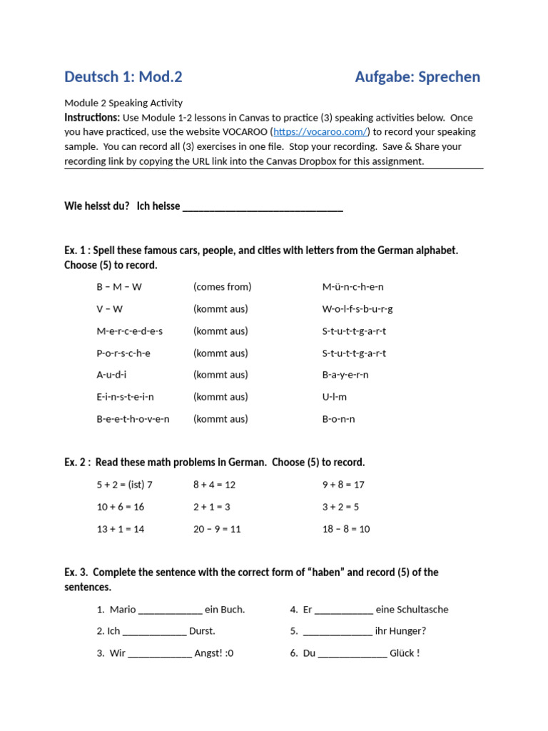 German Speaking Activities Module 2 | PDF