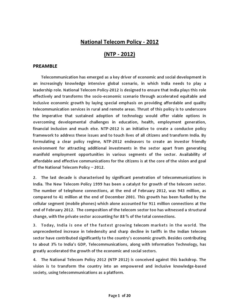 National Telecom Policy - 2012 | PDF | Technological Convergence ...