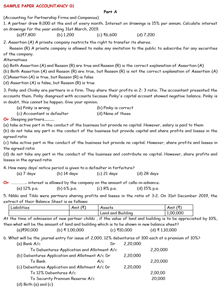 Accountancy Sample Paper for Partnerships | PDF | Equity (Finance ...