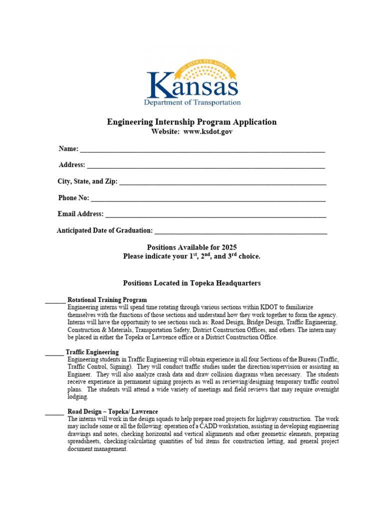 KDOT Engineering Internship Application | PDF | Road Surface | Concrete