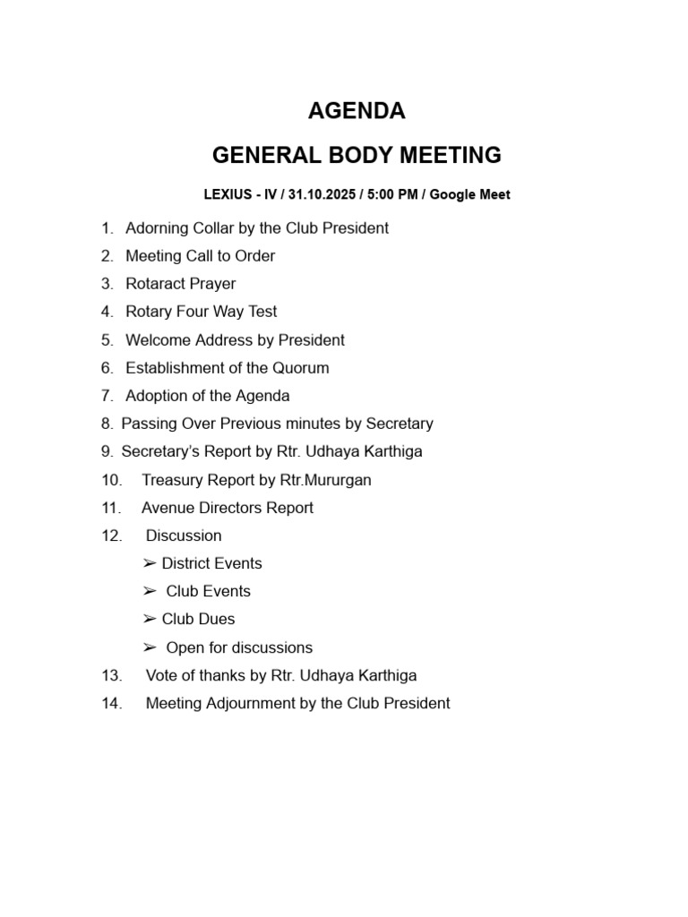 Lexius General Body Meeting Agenda | PDF