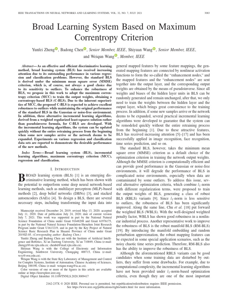 Broad Learning System Based on Maximum Correntropy Criterion | PDF | Machine Learning | Robust ...