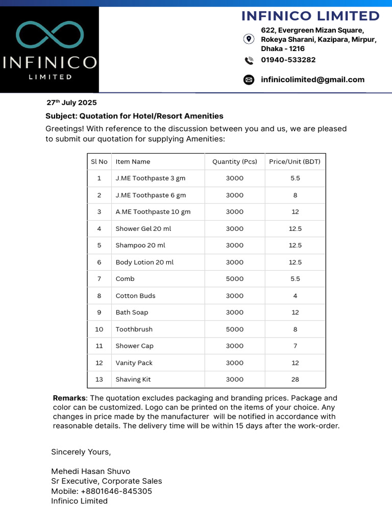 Quotation for Hotel Amenities Supply | PDF