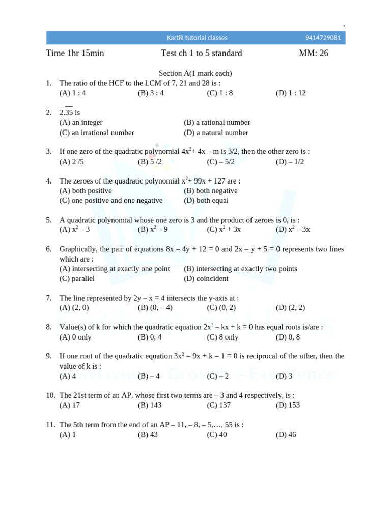 Math Test Questions and Solutions | PDF | Quadratic Equation | Polynomial