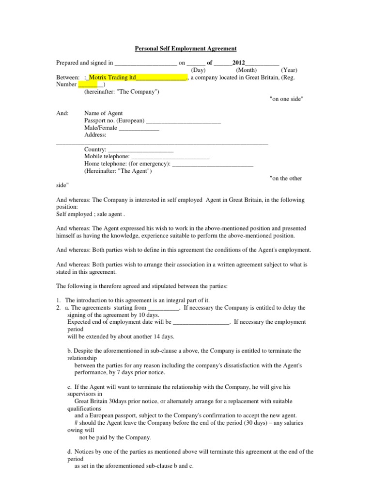 Personal Self Employment Agreement | PDF | Law Of Agency | Employment