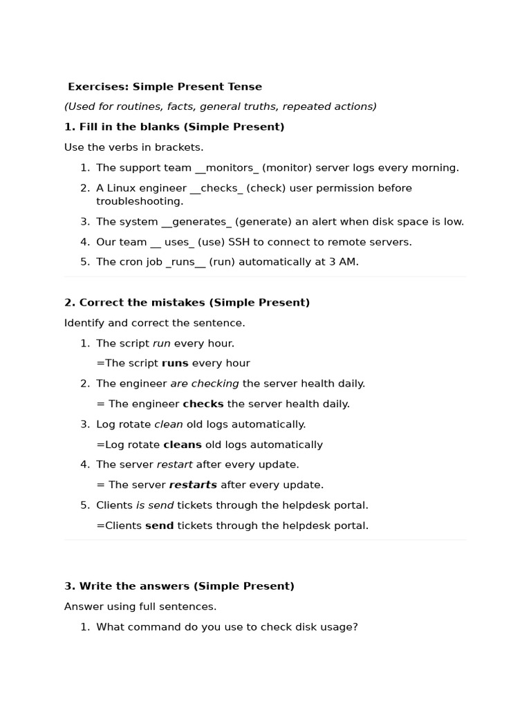 Simple Present & Continuous Tense Exercises | PDF | Backup | Server ...