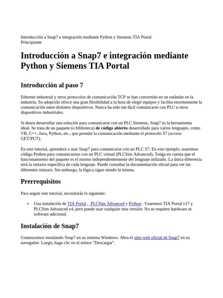 Integración de Snap7 con Python y TIA Portal | PDF